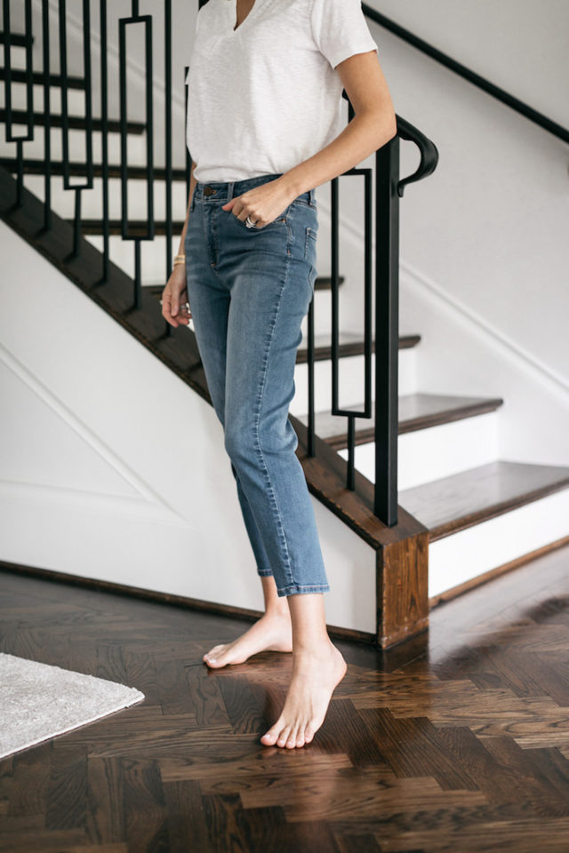 Talbots summer uniform - comfortable tee jeans and earrings